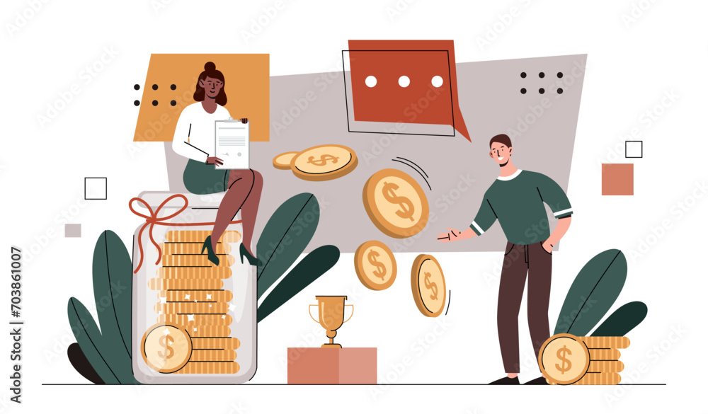 Money remuneration concept. Man and woman with golden coins. Financial ...