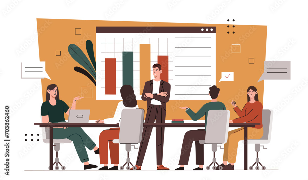 Office staff increase concept. Team of men and women at workplace look ...