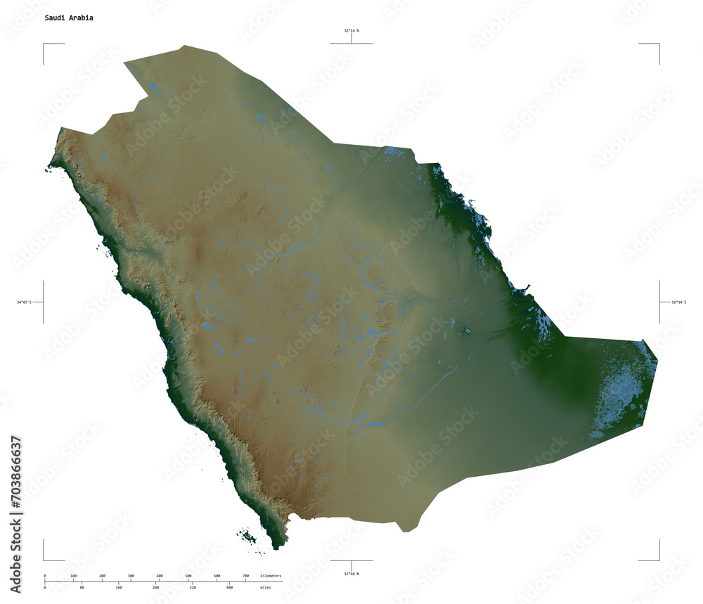 Saudi Arabia shape isolated on white. Physical elevation map Stock ...