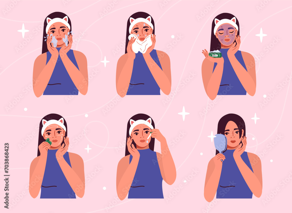 Skin care woman set. Young girl applting face mask. Creams and lotions ...