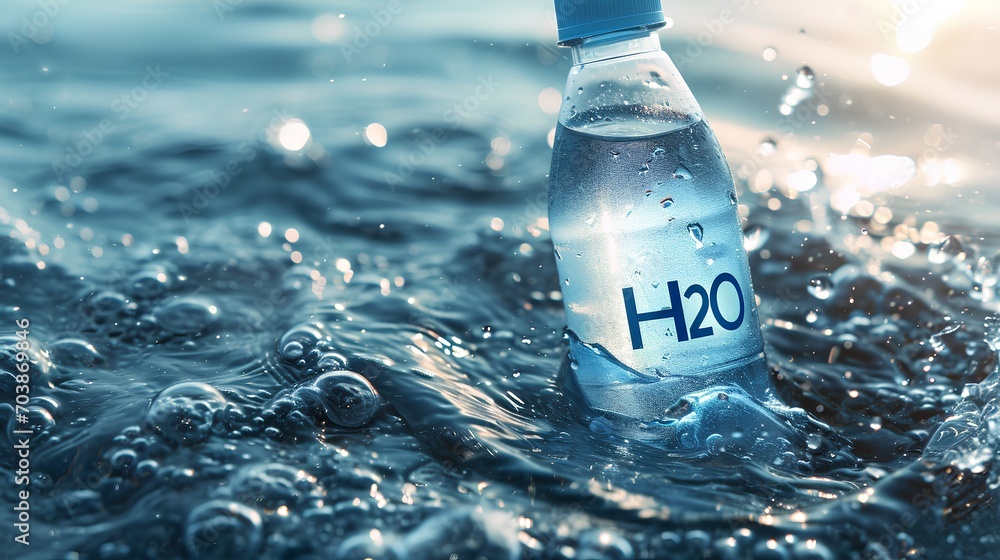 A clear, reusable water bottle filled with fresh water, labeled with ...
