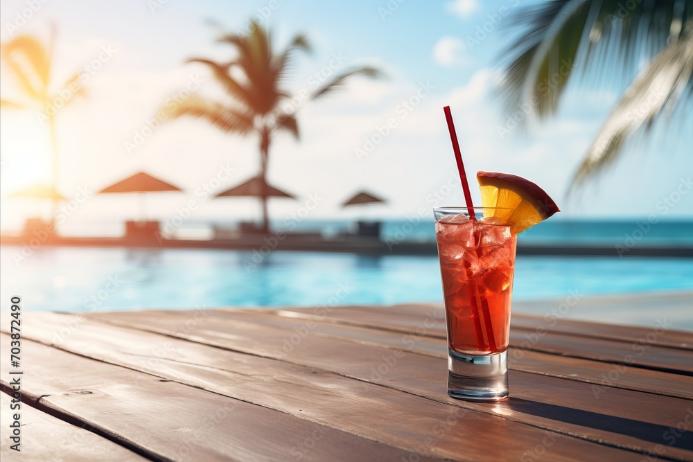 Tropical beach bar still life with a cocktail on the counter of a ...