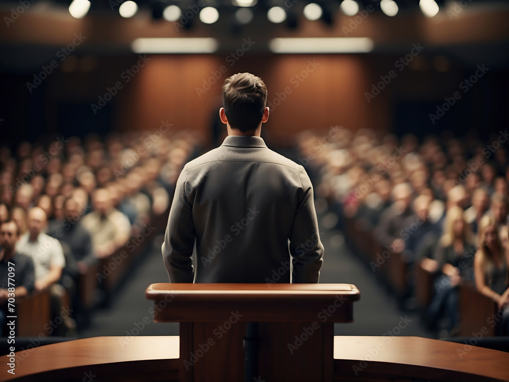 A man stands at a podium in front of an audience, passionately ...
