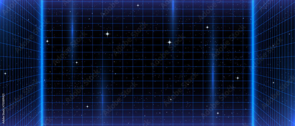 80s Retro Sci-Fi Background Futuristic Grid landscape. Digital cyber ...