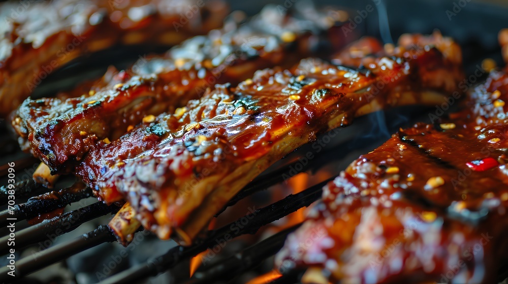 Juicy marinated spicy pork ribs sizzling over hot charcoal flames on a ...