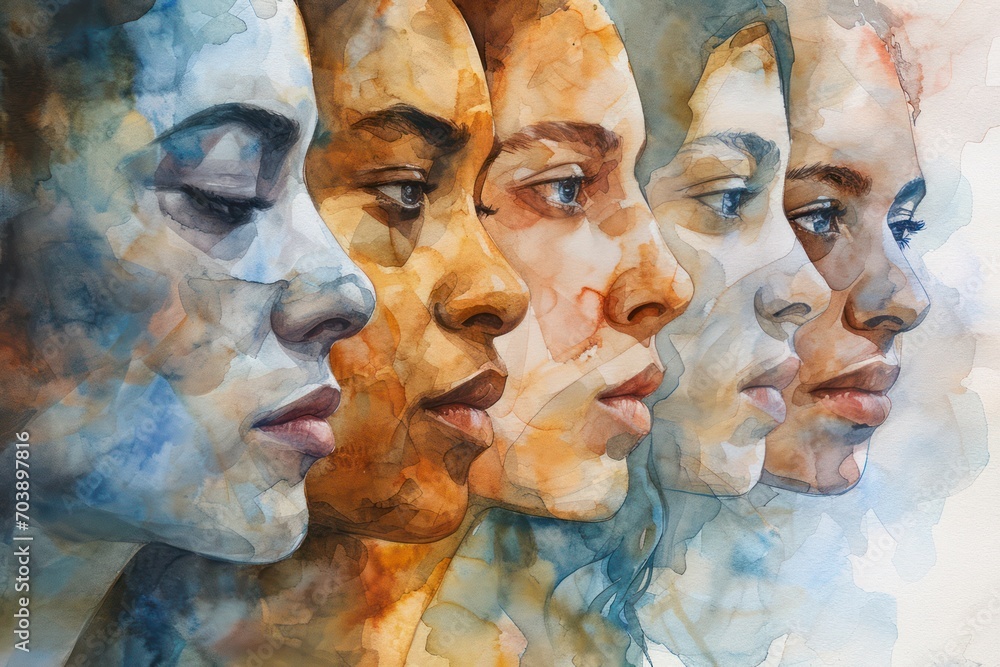 watercolor portrait of diverse human faces overlapping, emotions and ...