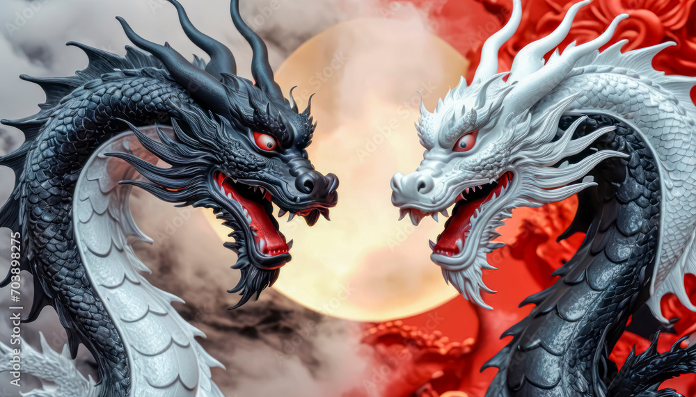 Dragons Yin and Yang, warriors of opposites. Two fantastic Chinese ...