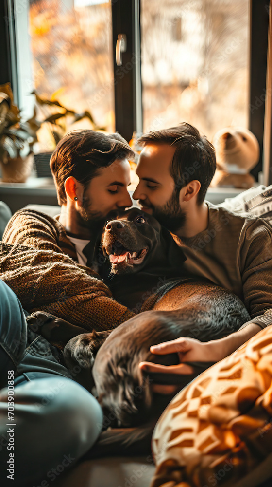 Happy Gay Couple Play with Their Dog, Gorgeous Brown Labrador Retriever ...