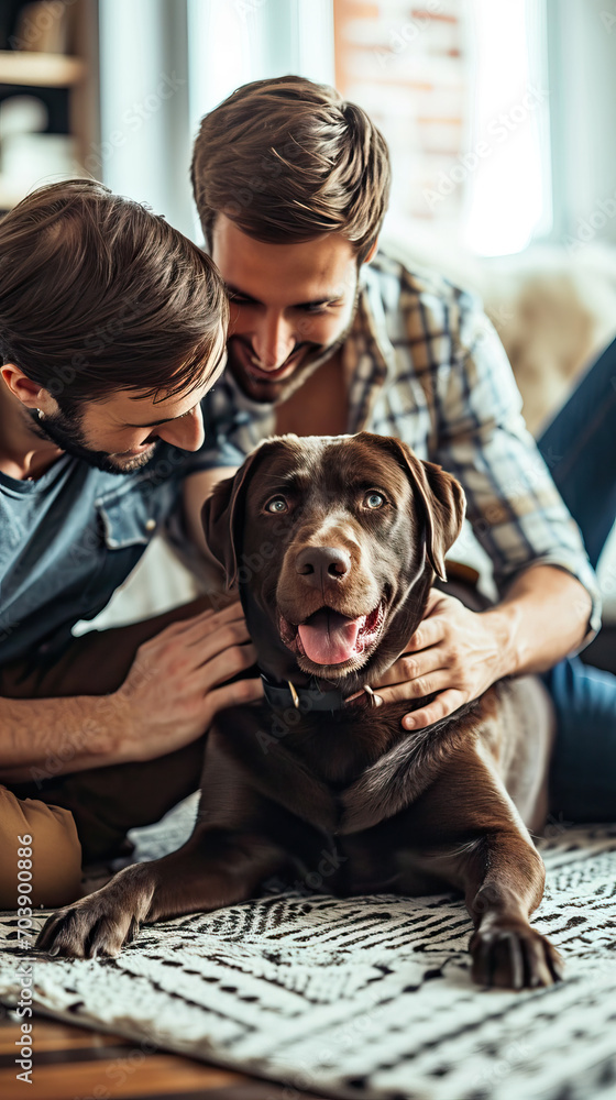 Happy Gay Couple Play with Their Dog, Gorgeous Brown Labrador Retriever ...