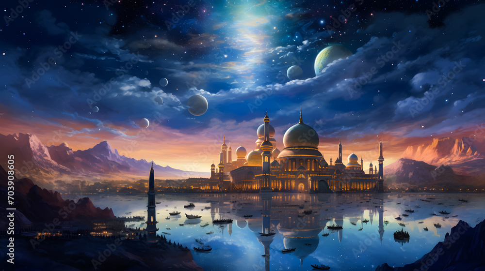 Islamic background mosque and the moon in the night sky full of stars ...