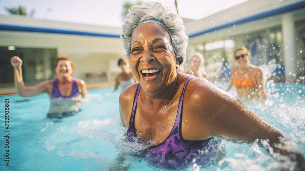 Senior women enjoying swimming class in a pool. displaying joy and ...