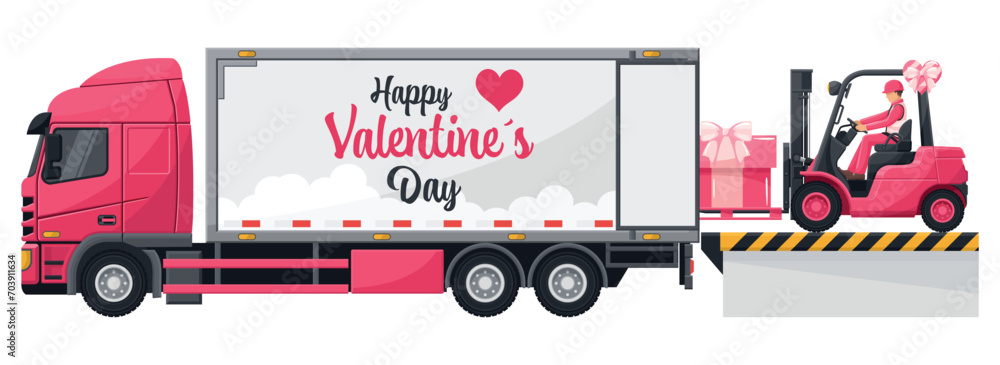 Industrial worker driving a pink forklift loading gift boxes to a ...