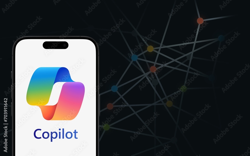 Microsoft Copilot Logo in front of connected dots in the colors of the ...