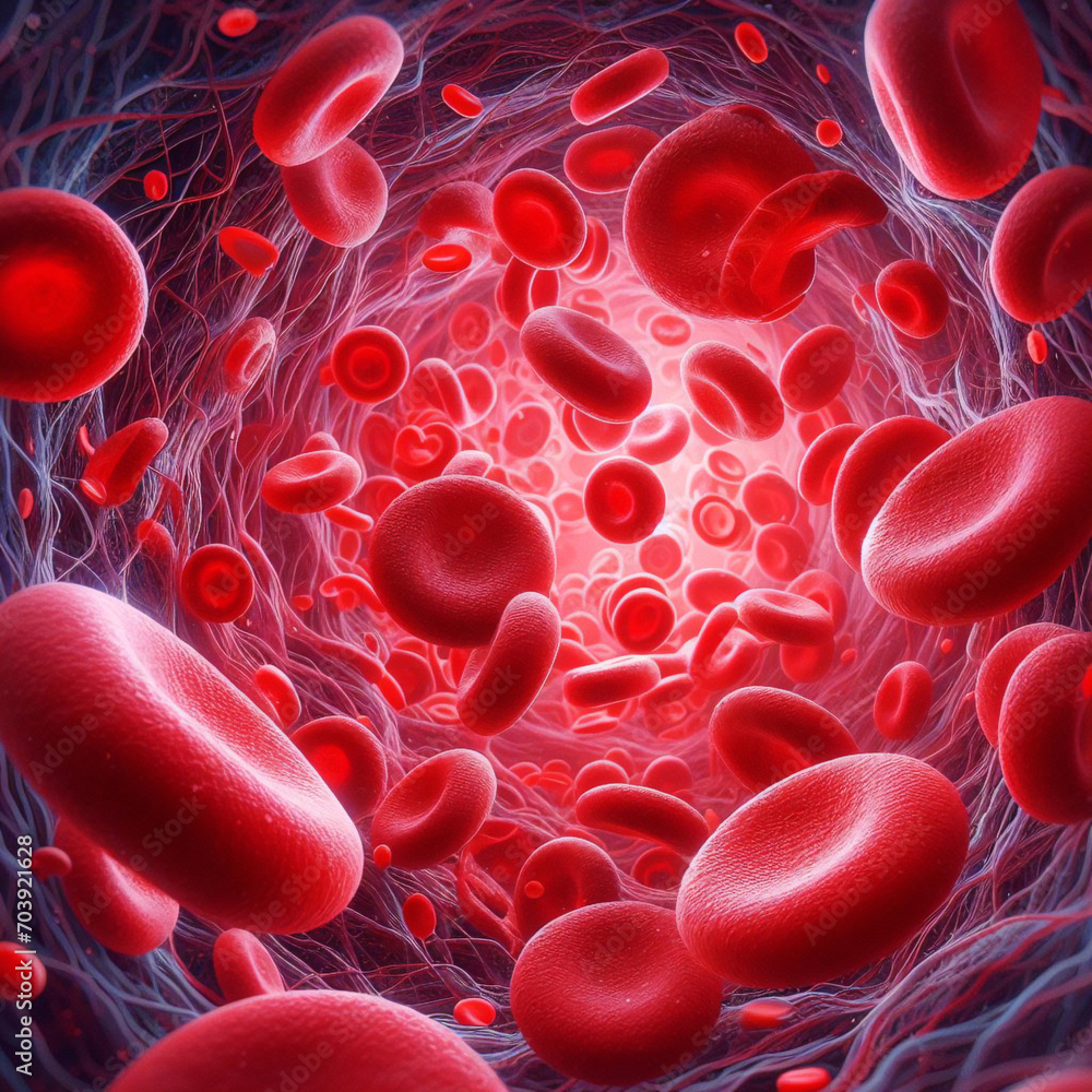 Red blood cells circulating in the blood vessels - leukocytes. Superior ...