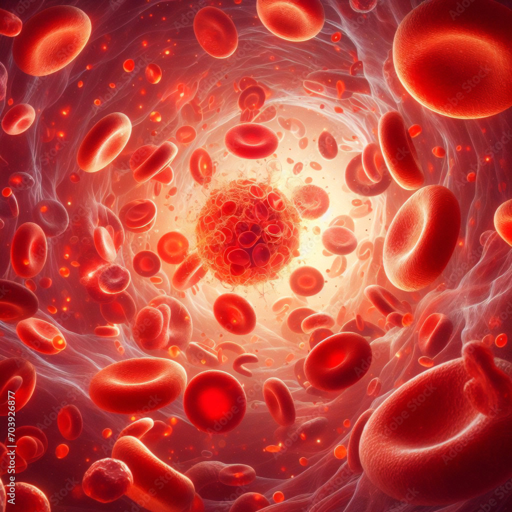 Red blood cells circulating in the blood vessels - leukocytes. Superior ...