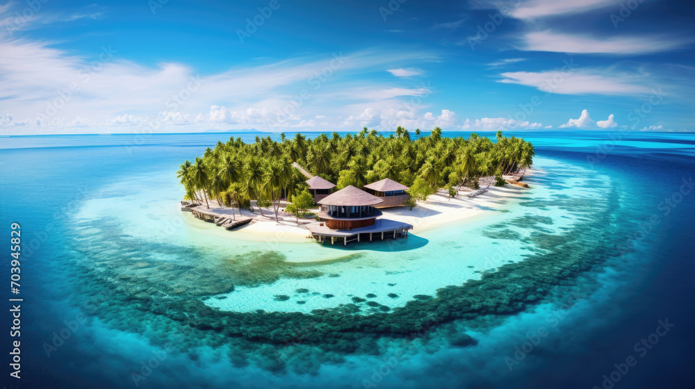 beautiful view of a tropical island with traditional wooden resort ...