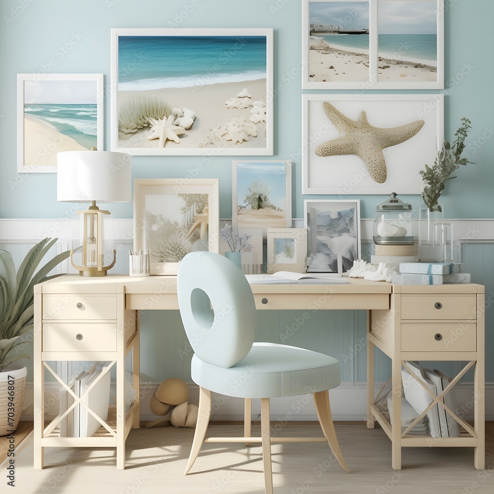 Coastal Theme A home office that features a coastal theme with beachy ...