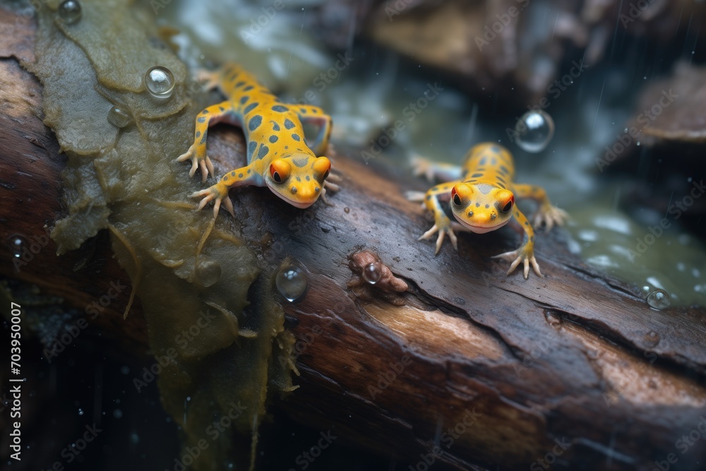 two salamanders under a log in a damp habitat Stock Photo | Adobe Stock