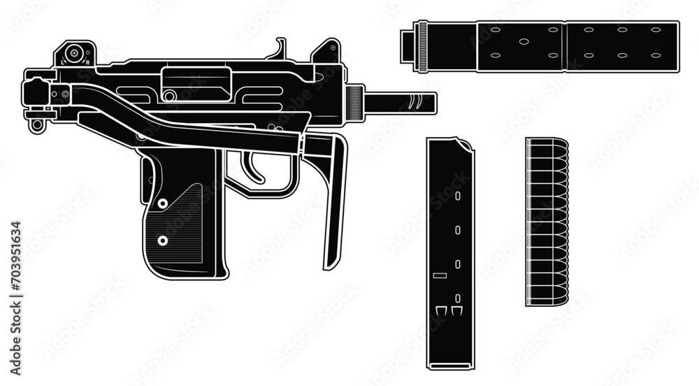 Vector illustration of the MICRO UZI israel machine gun with folded ...