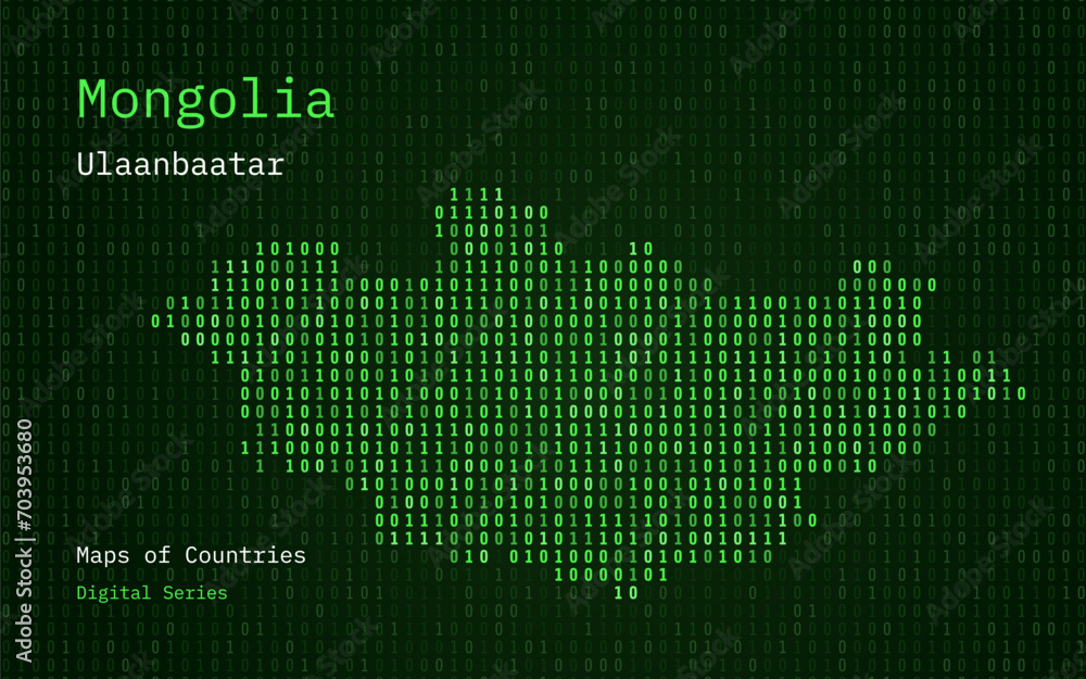 Mongolia Map Shown in Green Binary Code Pattern. Matrix numbers, zero, one. World Countries ...