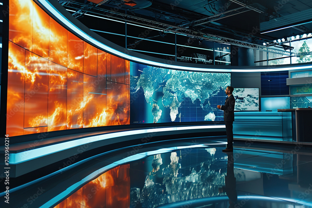 TV studio with large monitors, backdrops and interior from a TV studio ...