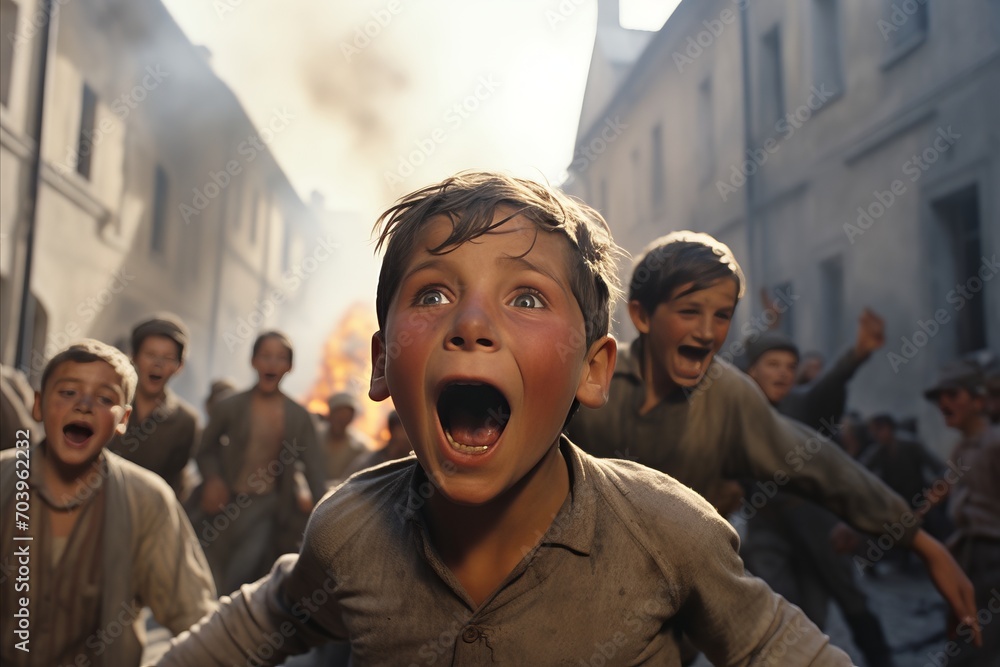 Frightened children fleeing explosions in a war-torn city during World ...