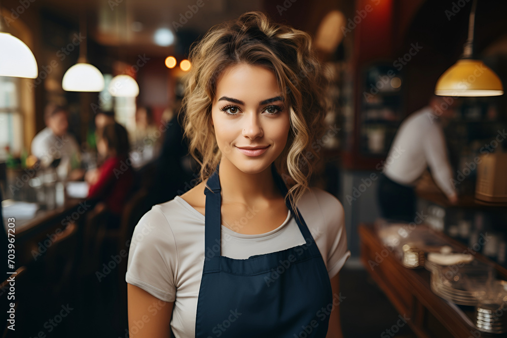 Portrait of waitress young woman wearing apron smiling and looking at ...