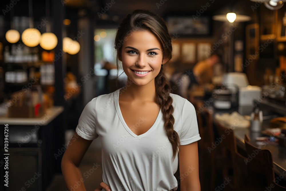 Foto de Portrait of waitress young woman wearing apron smiling and ...