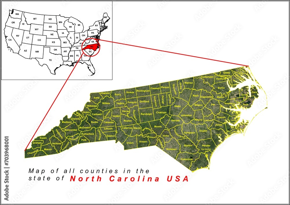 Map of all counties in the state of North Carolina USA Stock ...