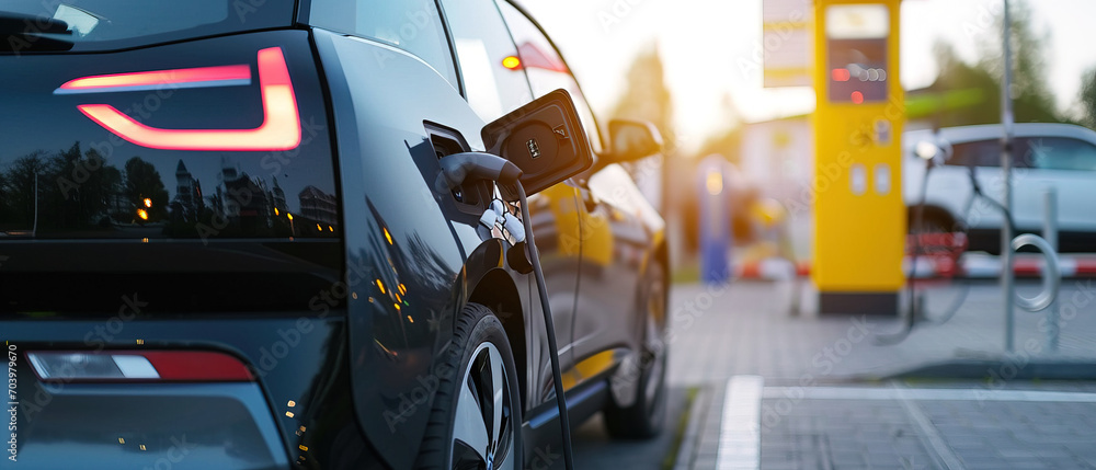 Car filling up with gas at a gas station, white car, sunset light ...