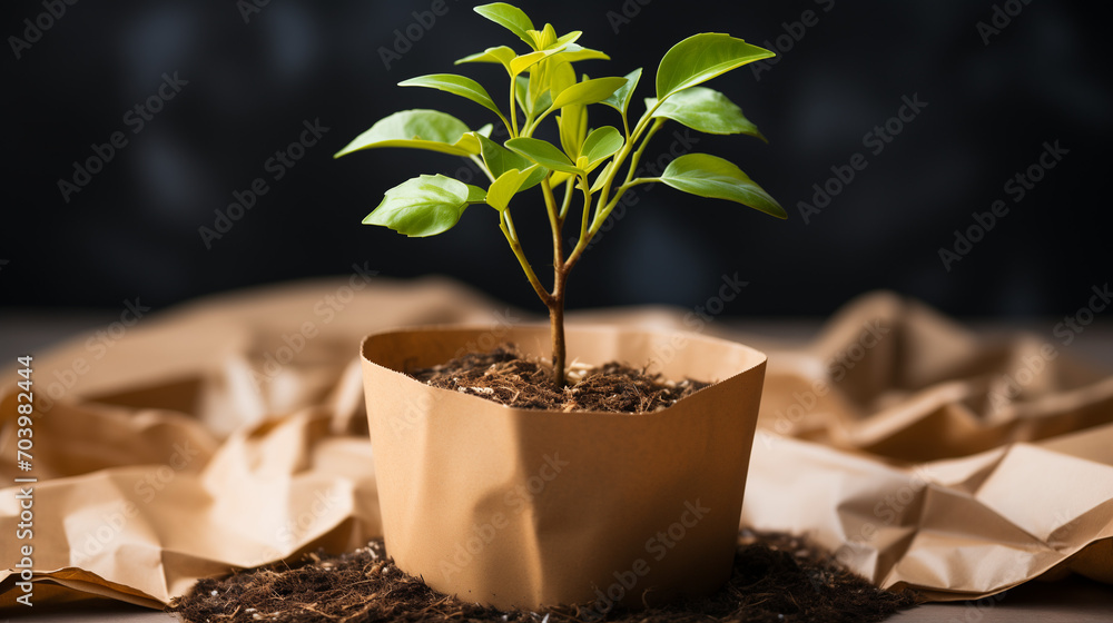 seedling in a pot, Top view of a sprout with green leaves sprouting ...