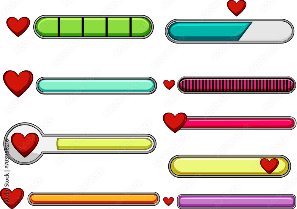 health bar set cartoon. level ui, interface loading, hemeter 8bit ...