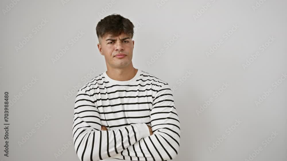 Angry young hispanic male with disapproving skeptic face, crossed arms ...