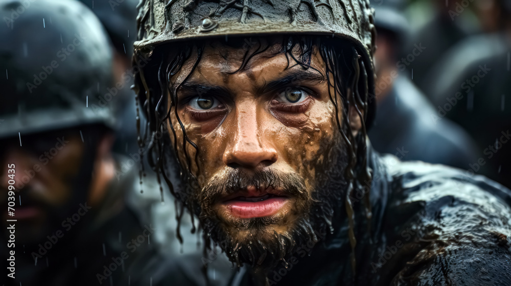 Portrait of a special forces soldier on the battlefield WWII. Selective ...