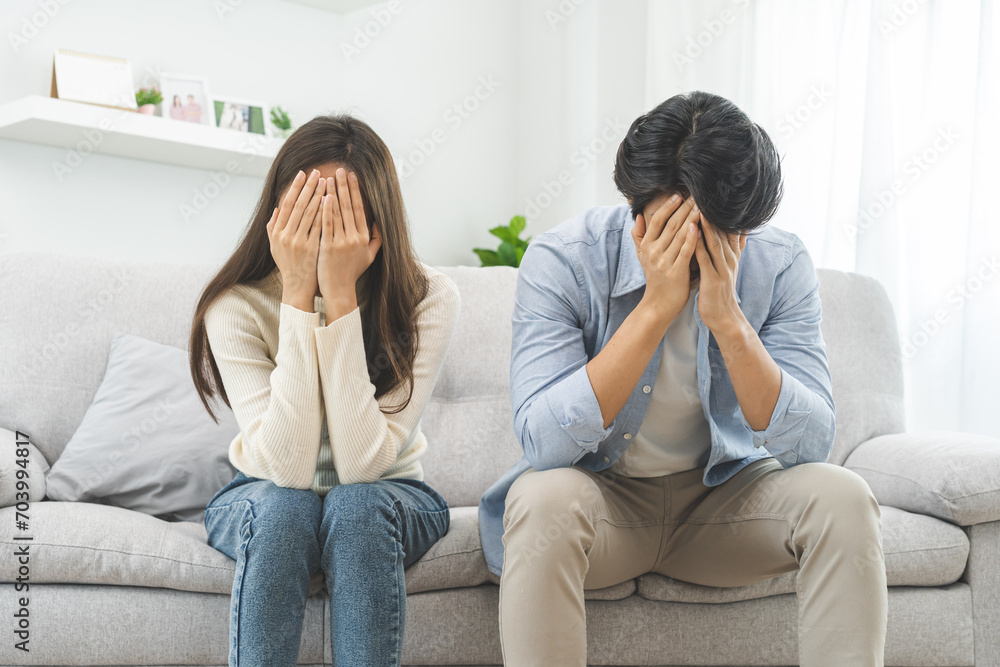 Breakup and depressed, young quarrel couple love hand cover face, fight ...