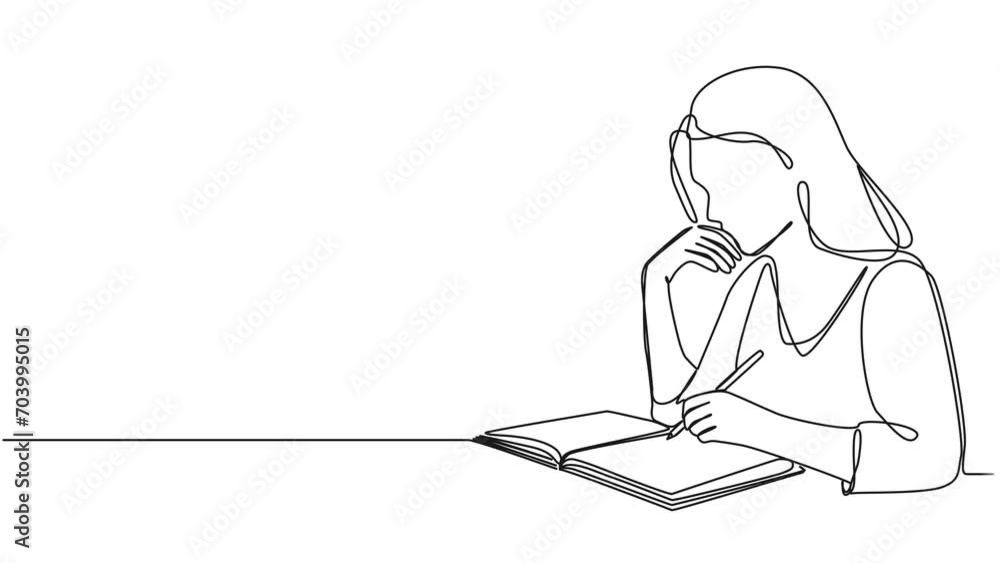 animated continuous single line drawing of woman writing in diary, line ...