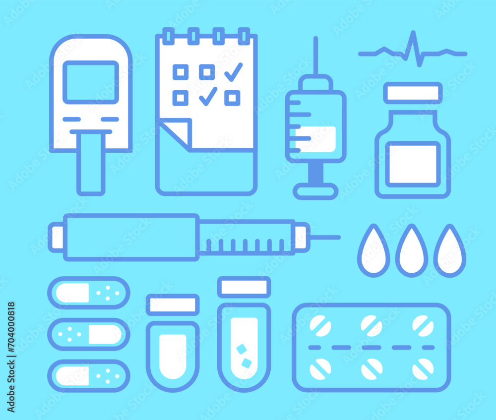 Set of vector icons on the theme of diabetes on a blue background ...