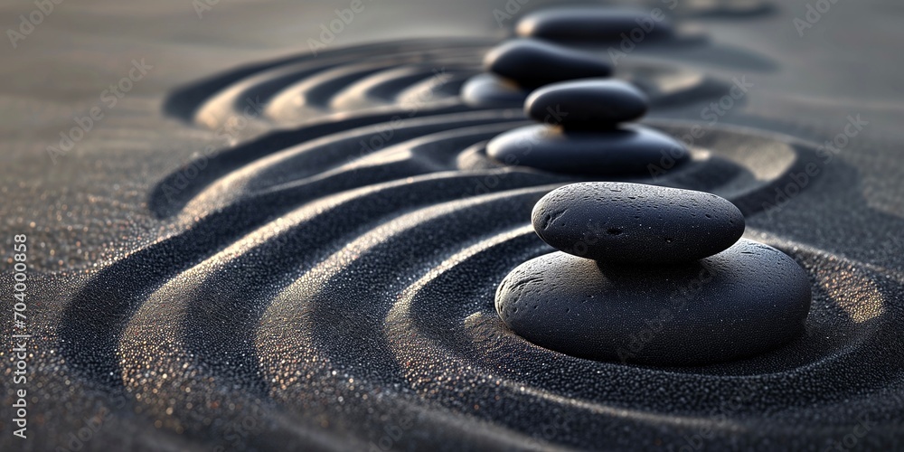 Pyramid of Grey, Black smooth stones laid on the sand with a pattern of ...