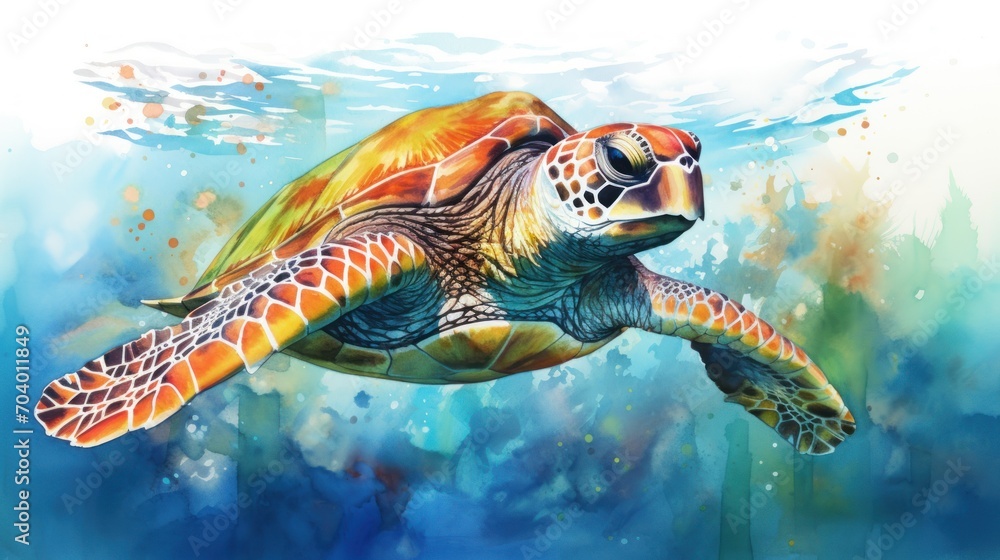a painting of a green sea turtle swimming in the ocean with blue and ...