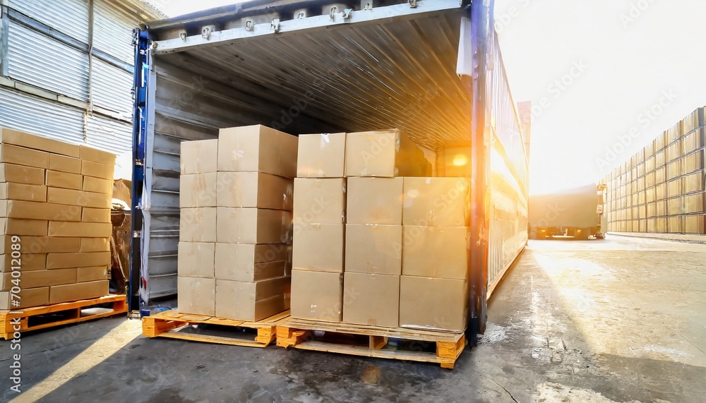 packaging boxes wrapped plastic stacked on pallets loading into cargo ...