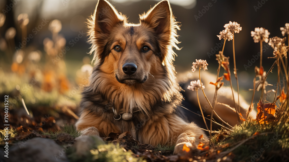 German Shepherd sitting in the nature, melting snow around and spring ...