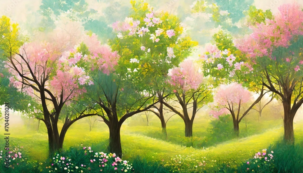 drawn trees with flowers and leaves floral background design for ...