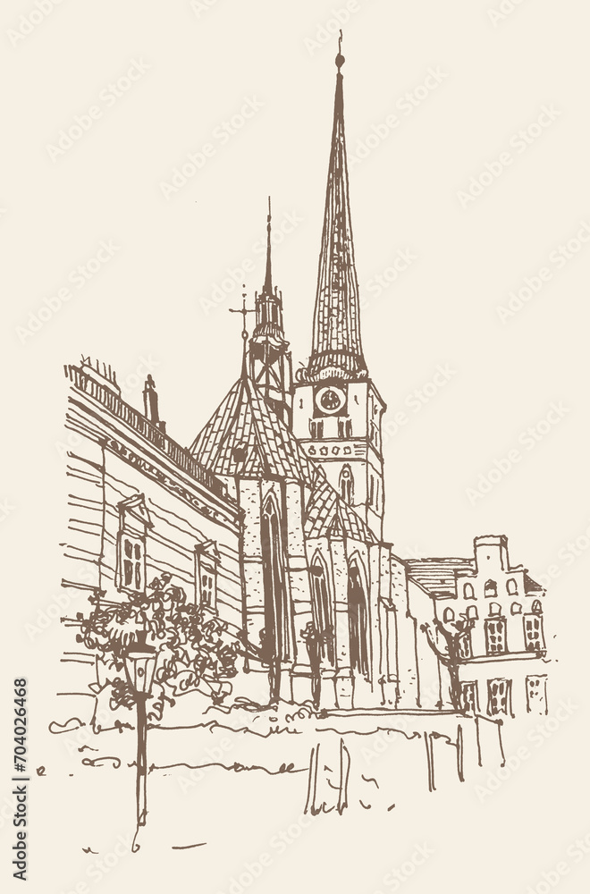 Travel sketch of Lubeck, Germany. Historical building, old town line ...