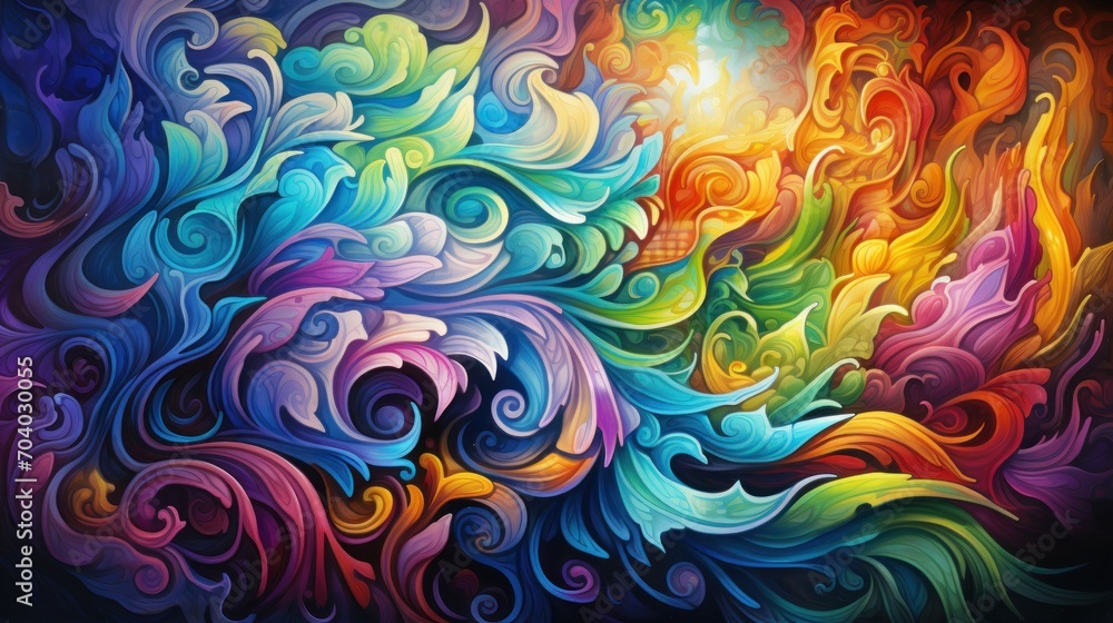 a painting of a rainbow colored wave with a sun in the middle of the ...