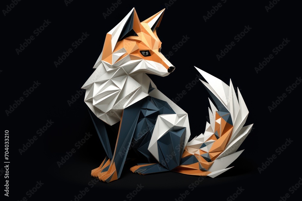 an origami fox sitting on a black background with its tail curled up in ...