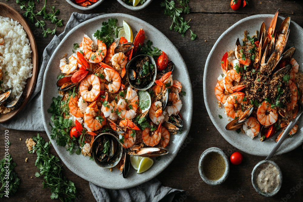 tasty, cooked, various type of seafood like mollusks, including clams ...