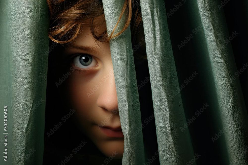 Curious child peeks through curtains with one eye visible, conveying ...