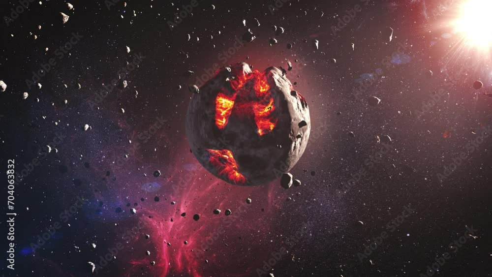 Dying alien planet with hot magma and asteroids Cinematic view of dead ...