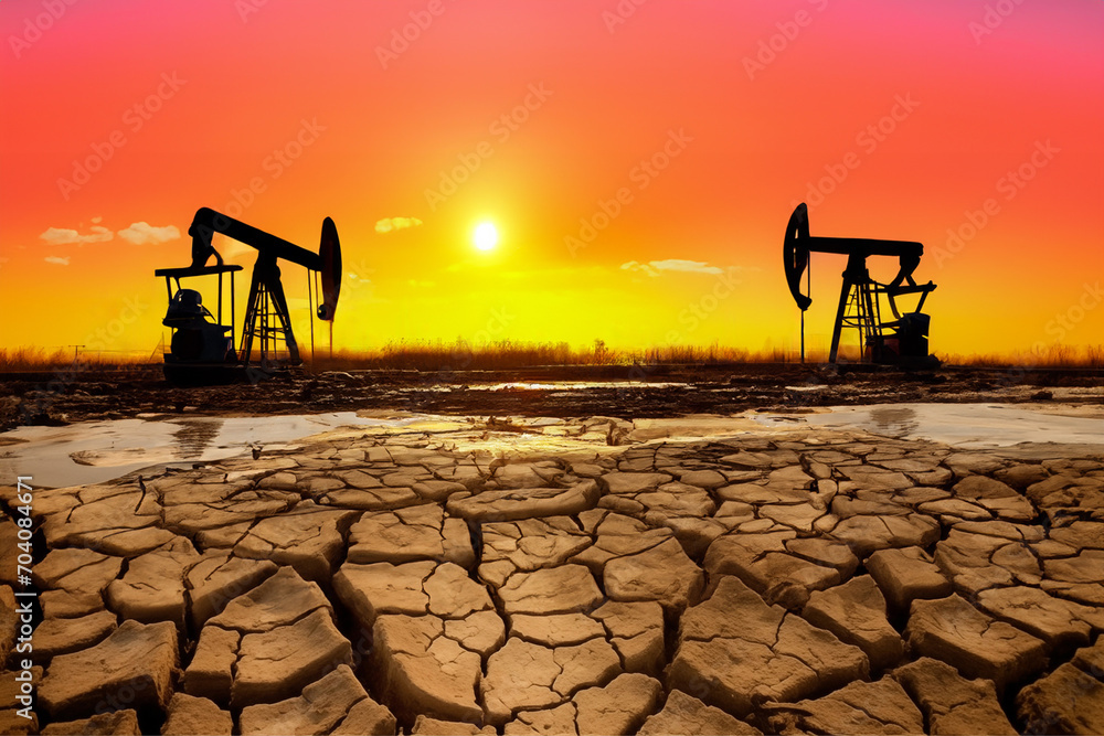 Drought land. Crude oil Pumpjack on Dry cracked earth. Dries, Water ...