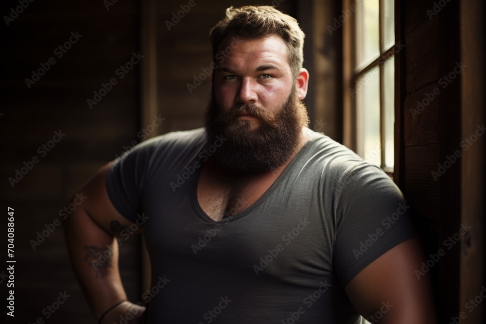 handsome thick obese man with a beard. rugged, portrait of a male ...